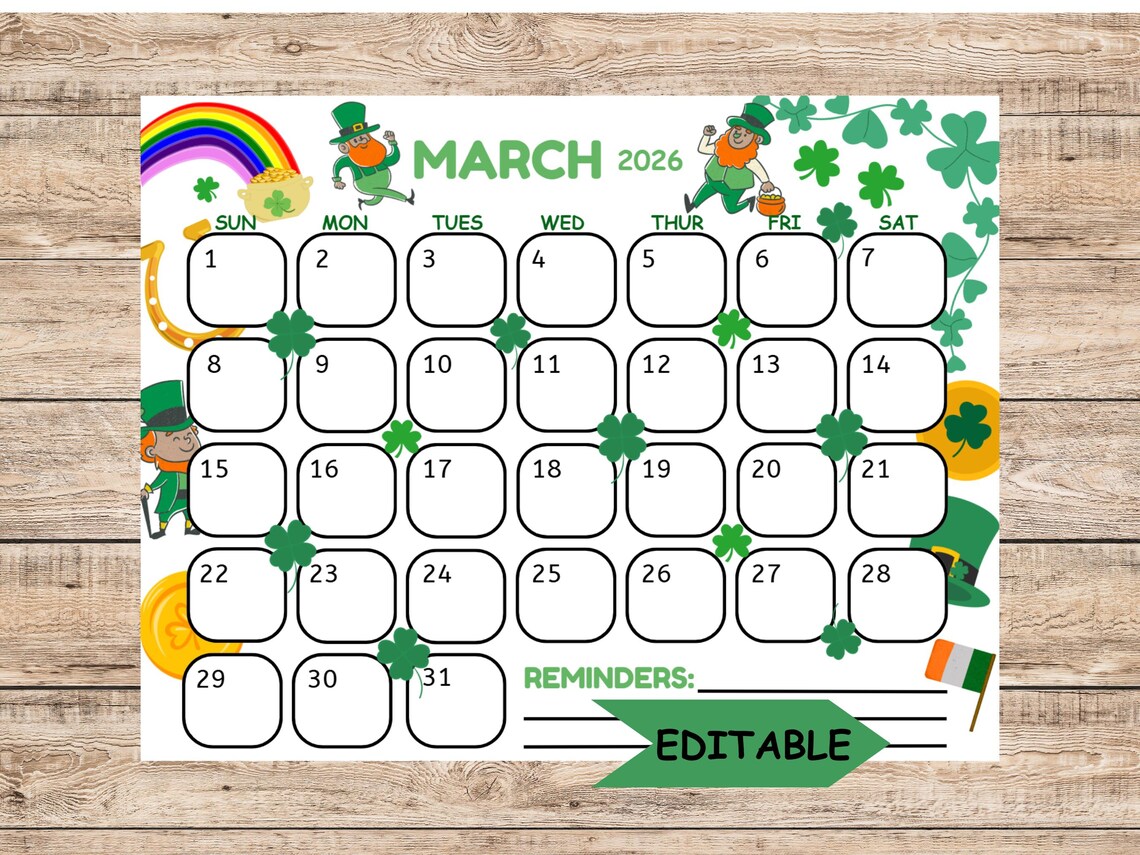 2026 March Calendar, St. Patricks Day Calendar, Printable Calendar ...
