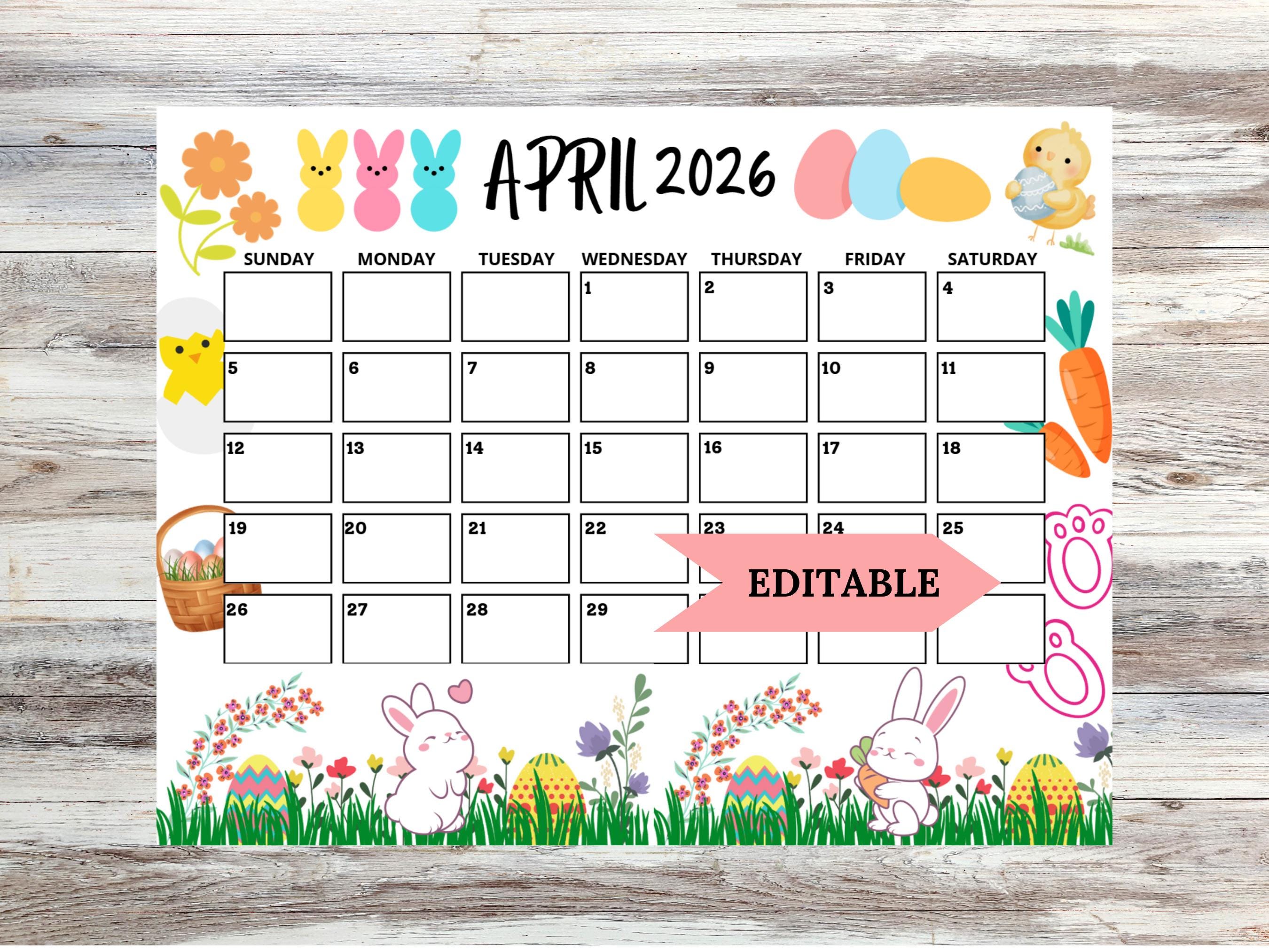 2026 April Calendar, Easter Calendar, Printable Calendar Template ...