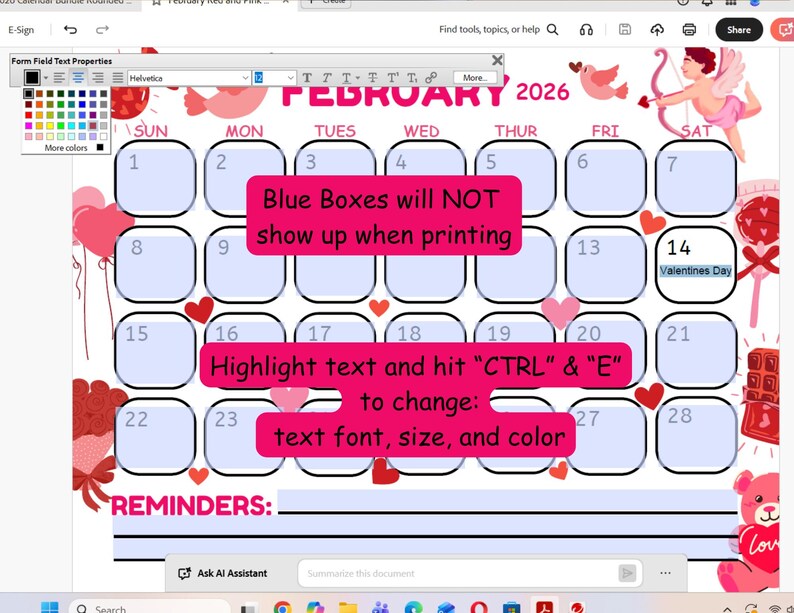 February 2026 Editable Calendar: Valentines Day, Red and Pink Themed ...