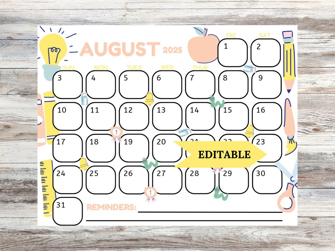 2025 August Calendar Editable, School Calendar, Printable Calendar ...