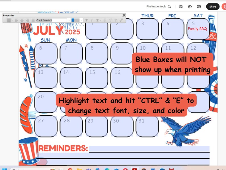 Editable July 2025 Calendar, Fourth of July Calendar, Printable ...