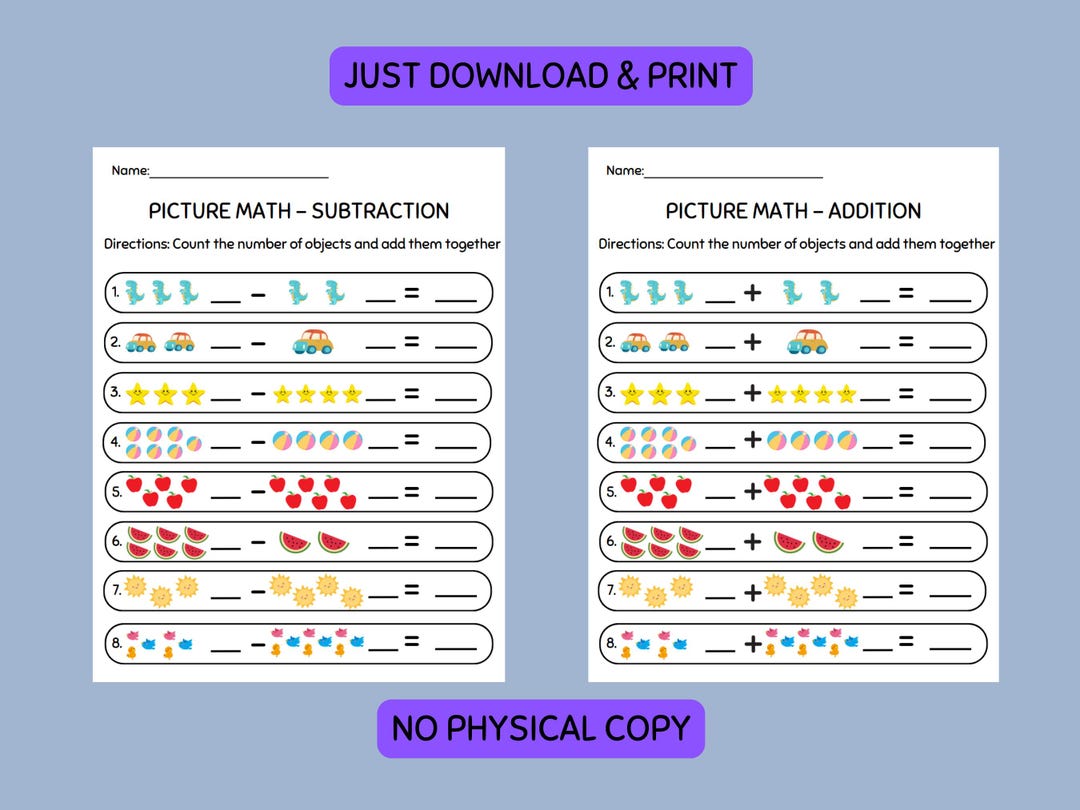 Kindergarten Addition & Subtraction Worksheet, Picture Addition and ...