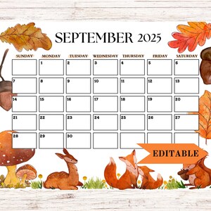 Fall Leaves and Animals September 2025 Calendar: Printable & Editable ...