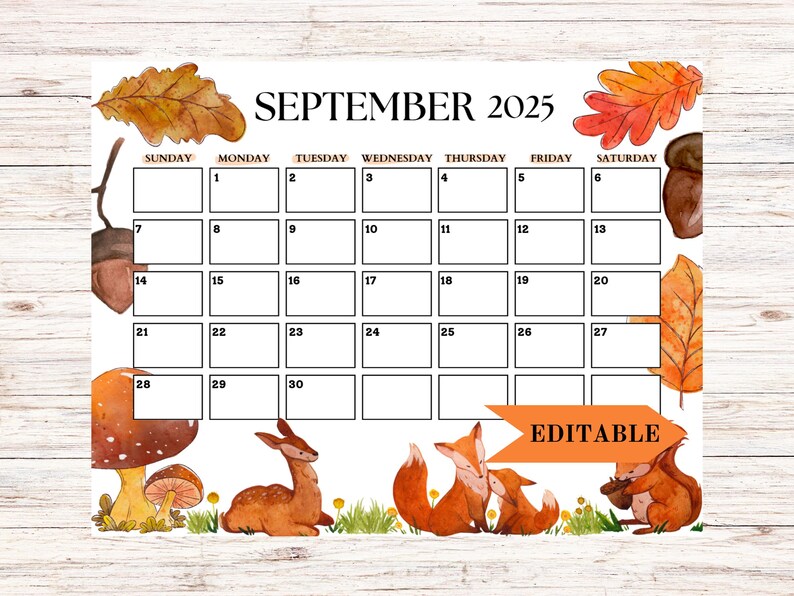 Fall Leaves and Animals September 2025 Calendar: Printable & Editable ...