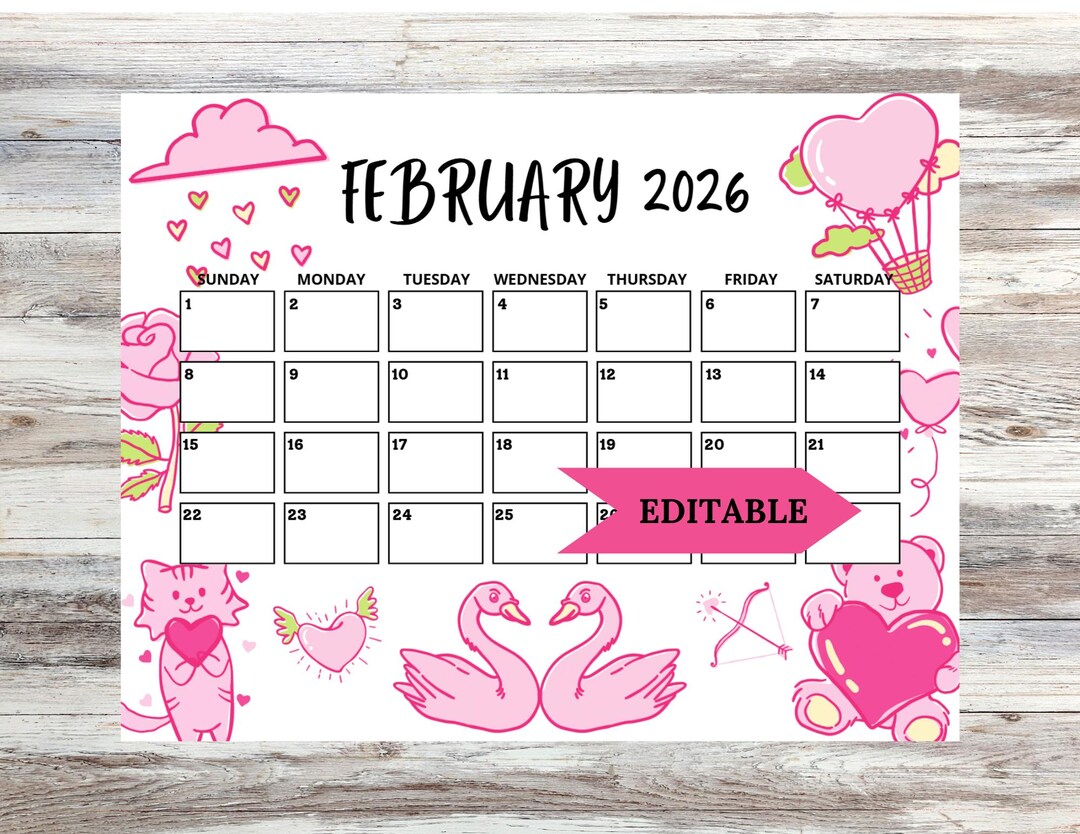 2026 February Calendar Editable, Valentines Day Pink Calendar ...