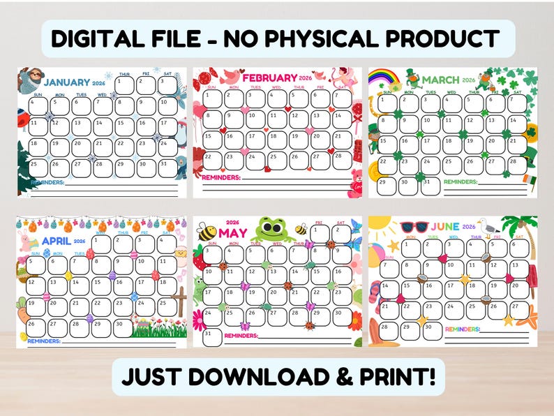2026 Monthly Calendar Bundle Editable, Holiday Calendars for Year ...
