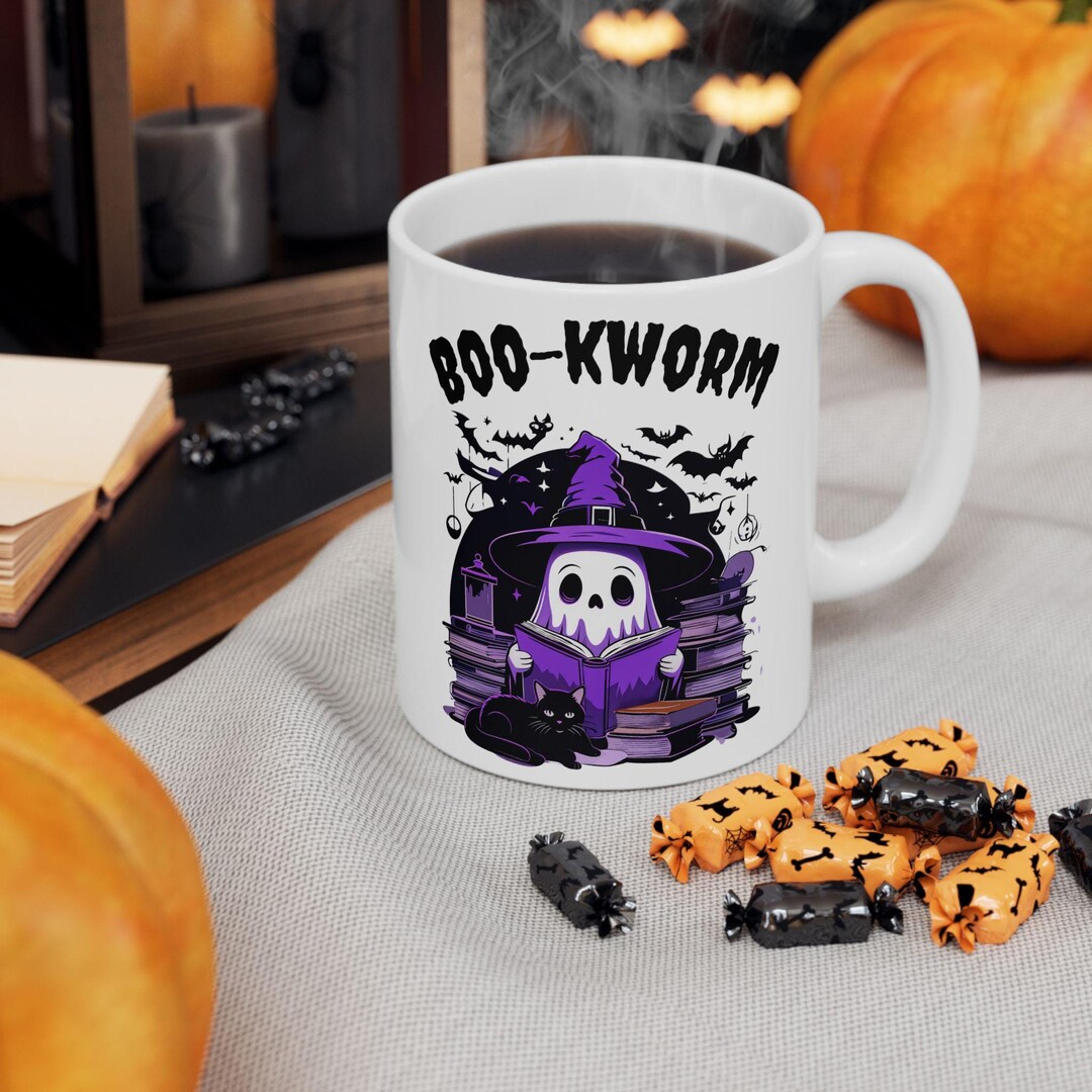 Boo-kworm, Ghost Reading Mug, Cute Ghost Mug, Bookshelf Mug, Witchy Mug ...