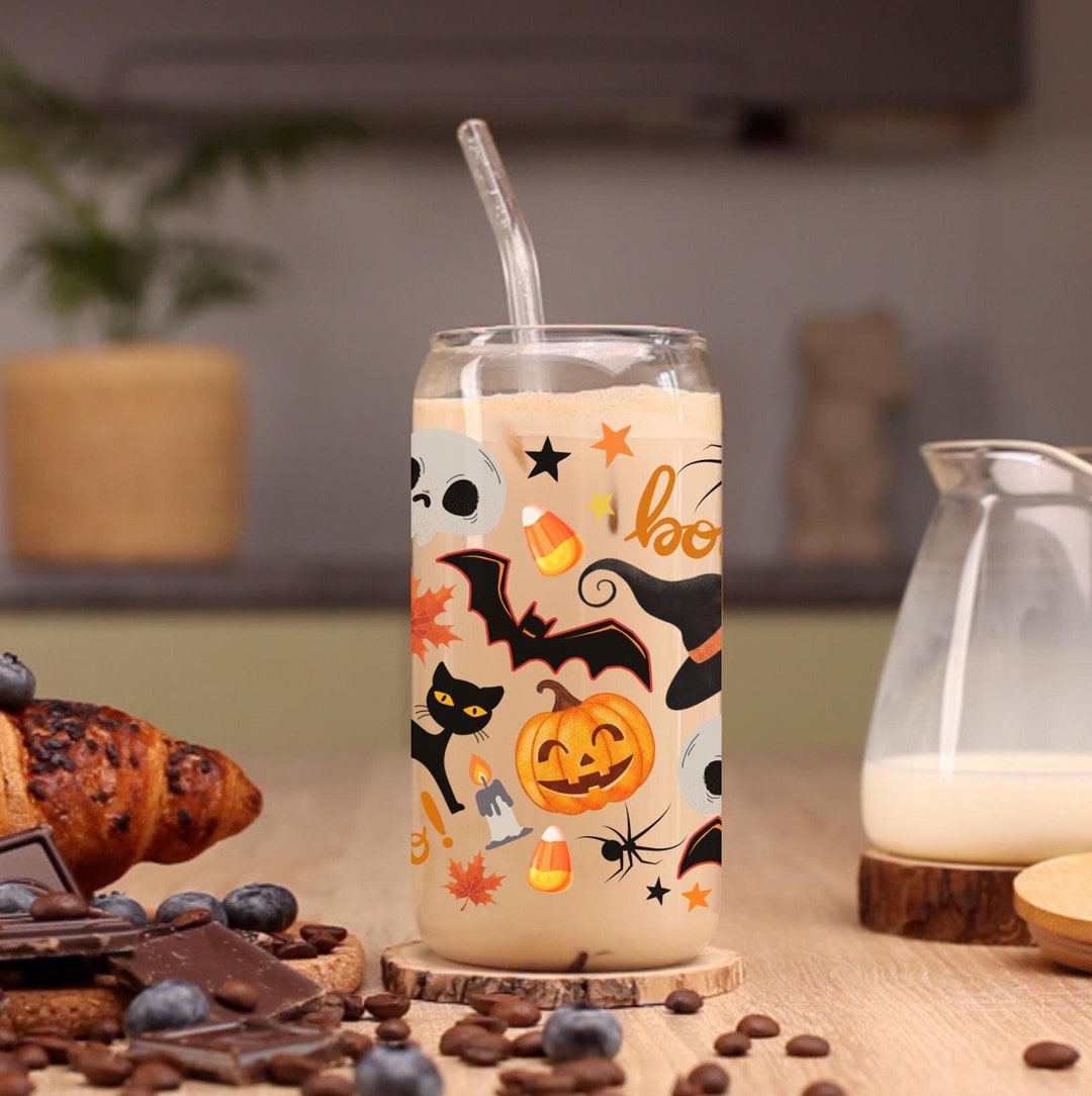 Halloween Coffee Glass Cup, Spooky Glass Cup, Fall Iced Coffee Cup With ...