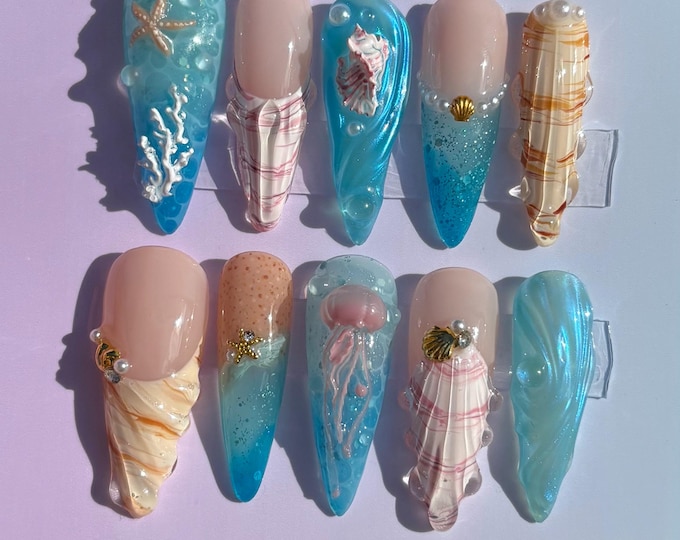 DIY 24 Pieces Summer Beach Sea Shell Press on Nails Fake False Acrylic ...