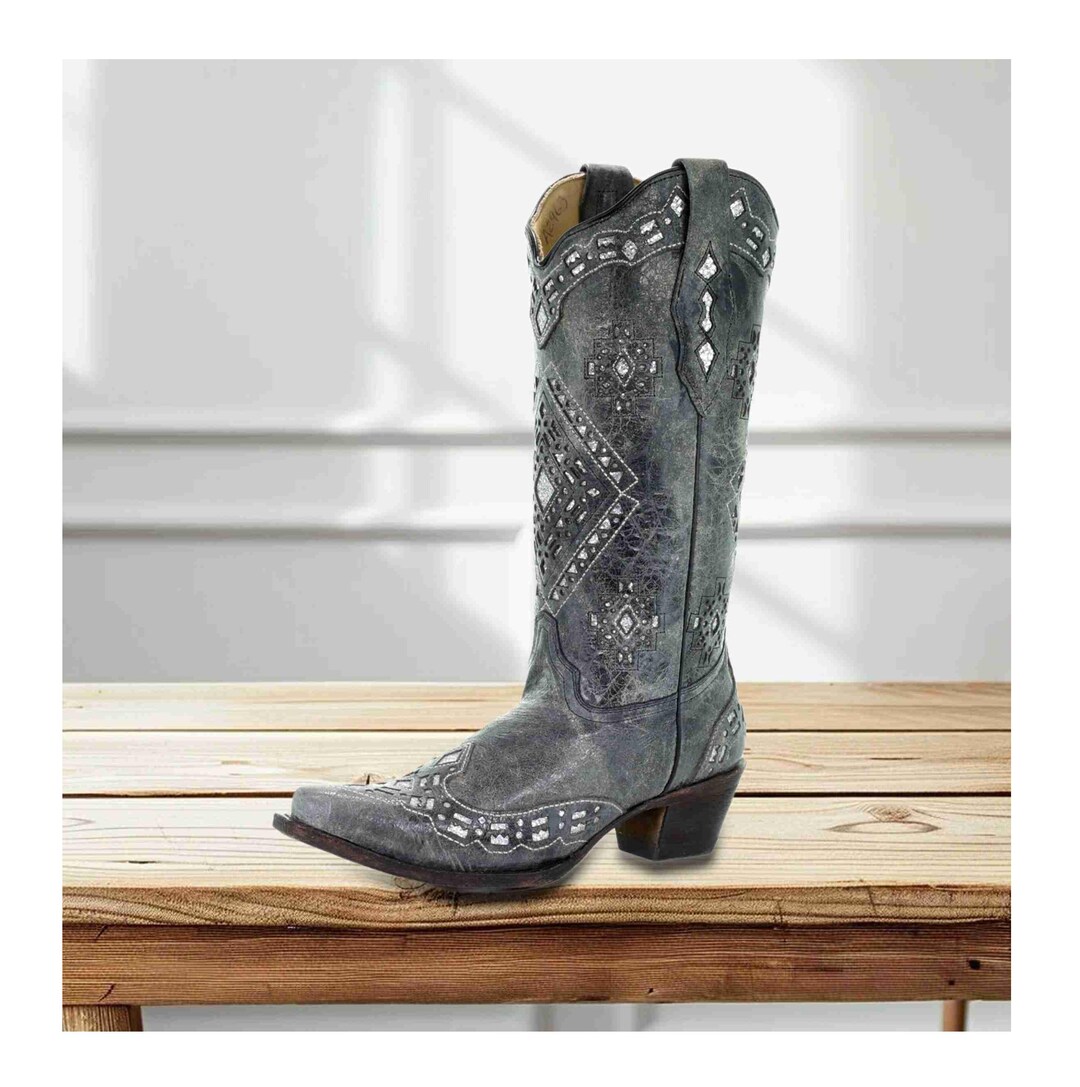 Black Distressed Glitter Inlay Womens Decorative Western Boots - Etsy
