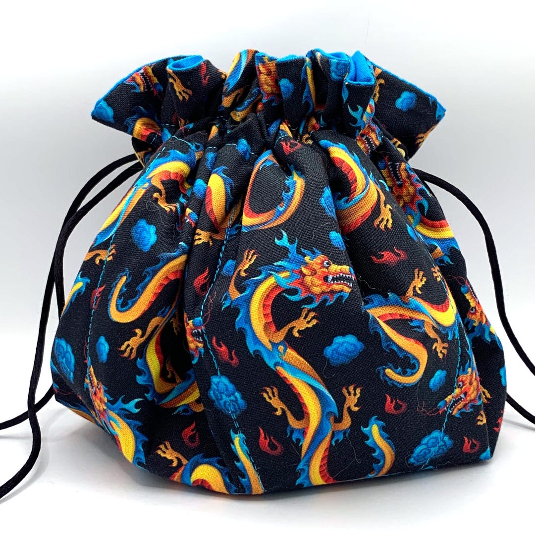 Tatting Bag #379. Bright Dancing Dragons on Black Background. Kona ...
