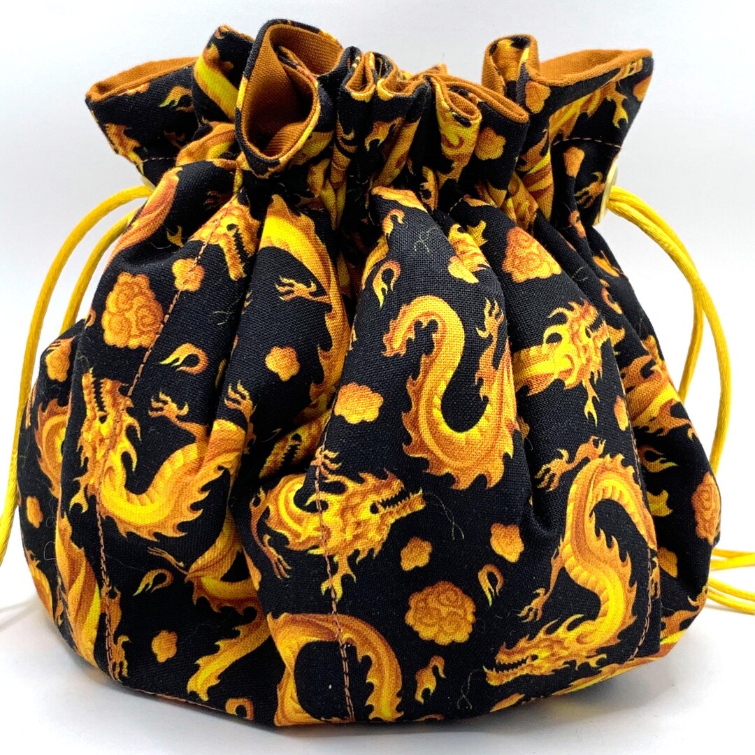Tatting Bag #375. Golden Dancing Dragons on Black Background. Kona ...