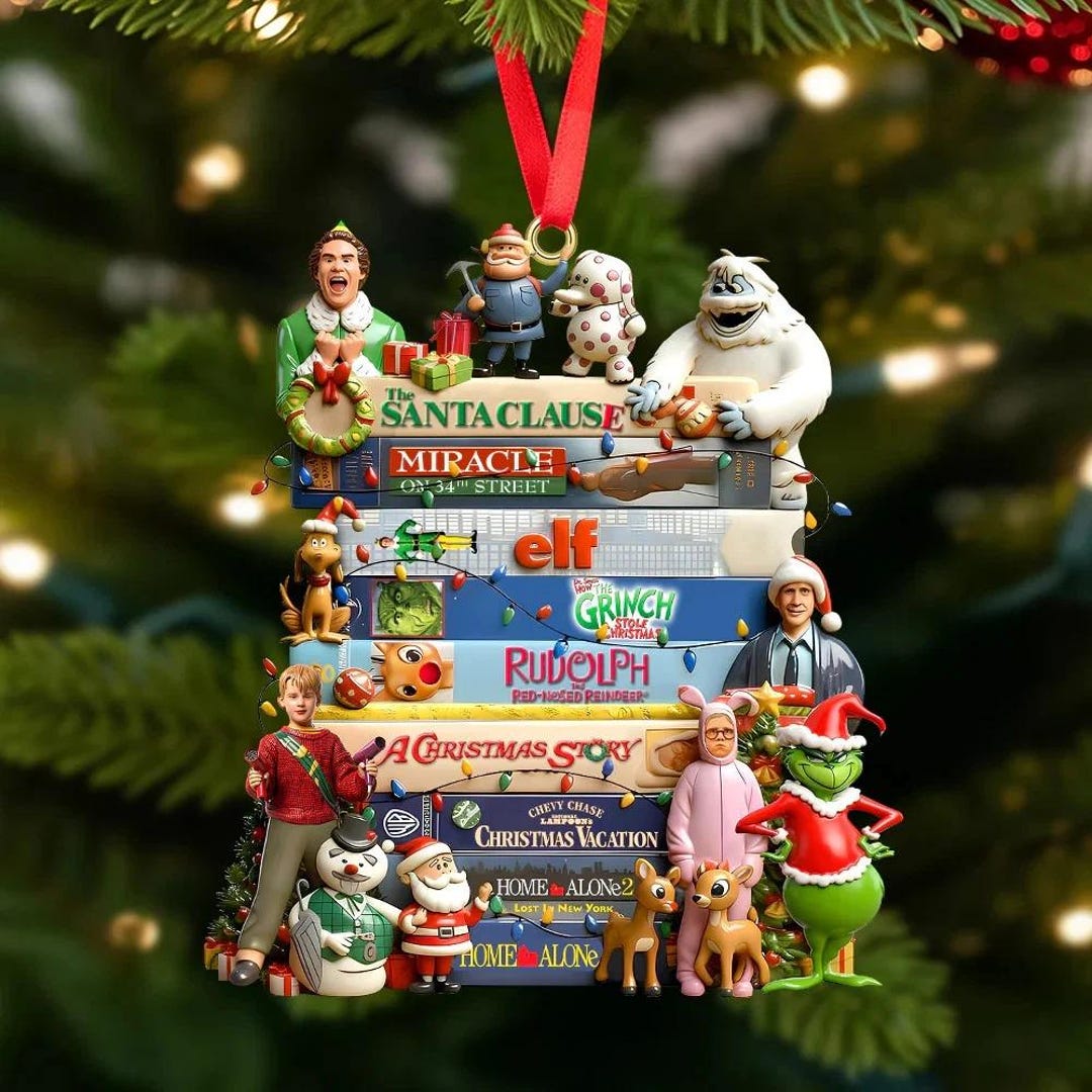 Christmas Movie Ornament Stack, Classic Holiday Films Decor, Retro Xmas ...