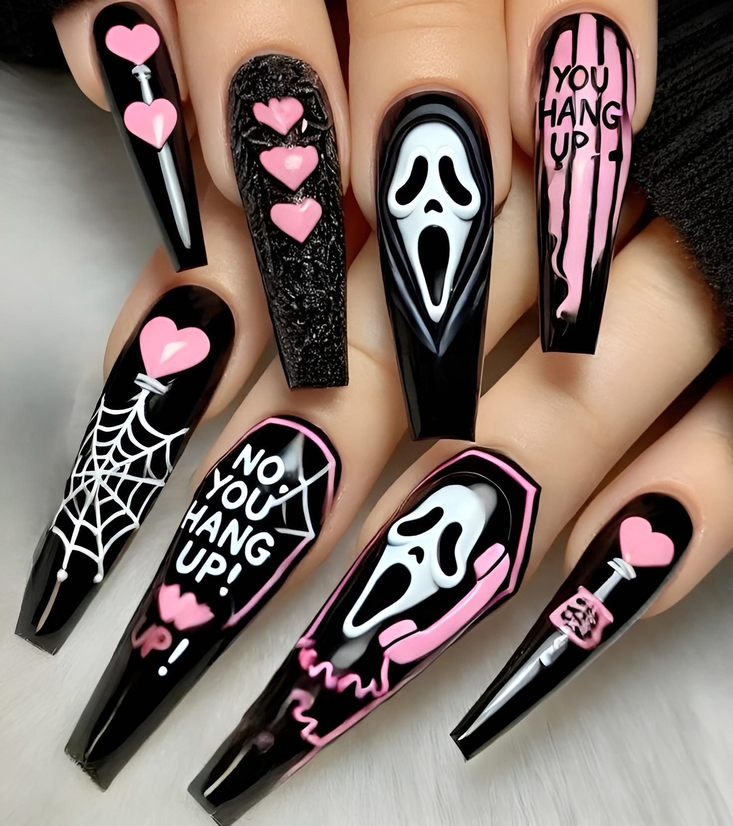 Halloween Ghostface Press on Nails: Spooky Pink & Black Coffin Nails - Etsy