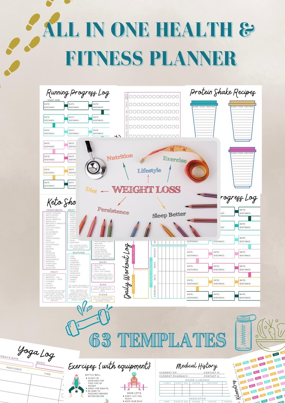 All in One Fitness Planner|fitness & Food Journal|meal Planner|weight ...