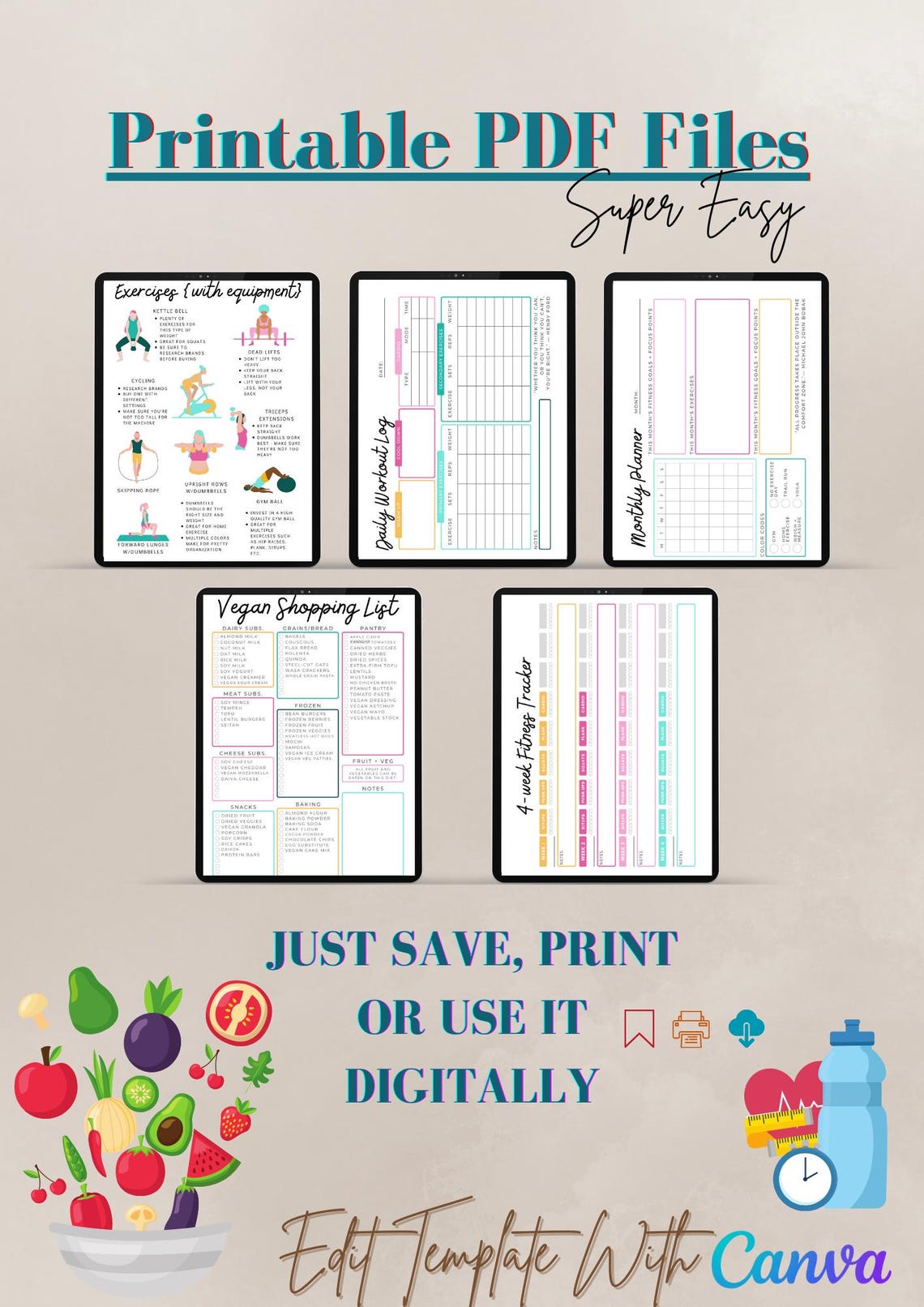 All in One Fitness Planner|fitness & Food Journal|meal Planner|weight ...