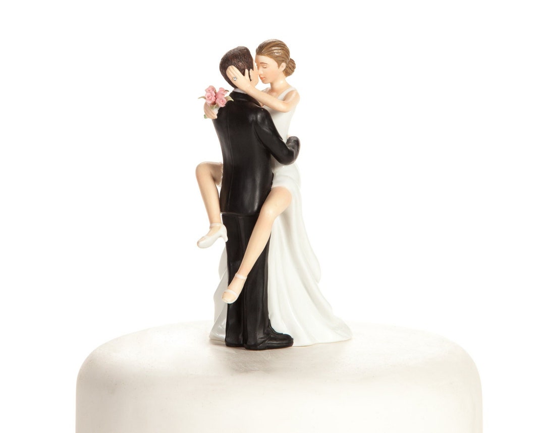 Excited Kissing Bride and Groom Funny Wedding Cake Topper Figurine ...