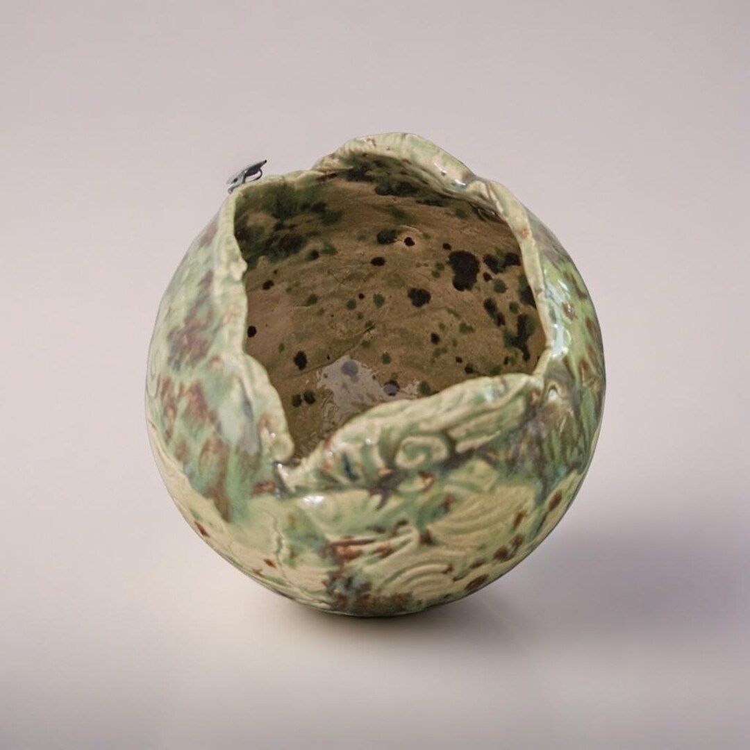 Hatching Sphere Ceramic Planter – Woodland Leaf-touched Shell, Ø11×11 ...