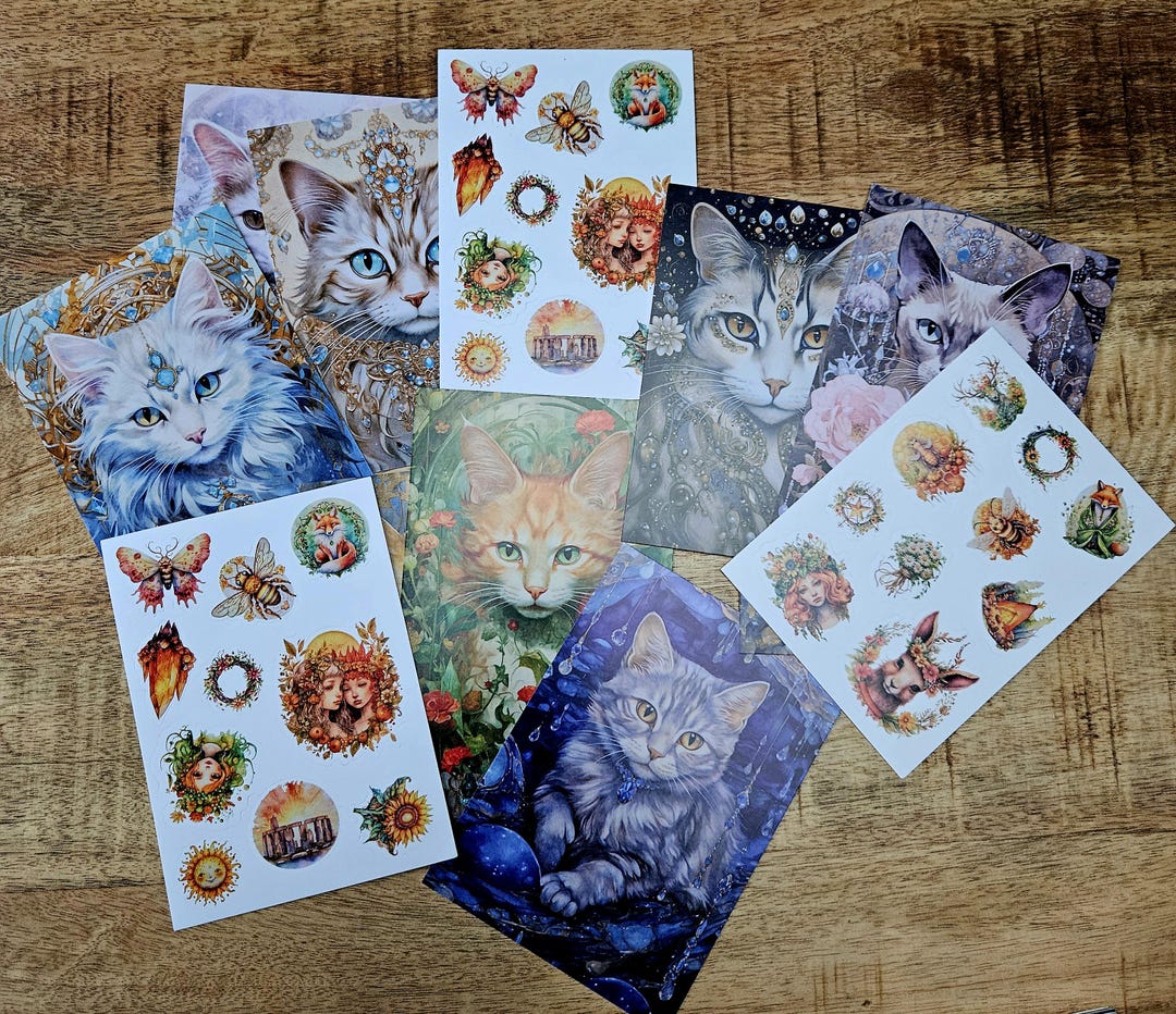Mystical Katten Kaarten En Sticker Set - Etsy