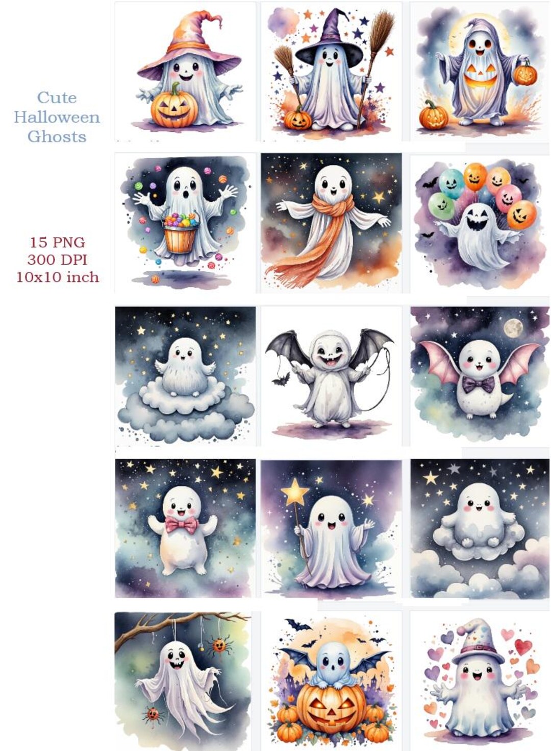 Halloween Ghost Clipart, Cute Halloween Ghosts, Watercolor Ghost ...