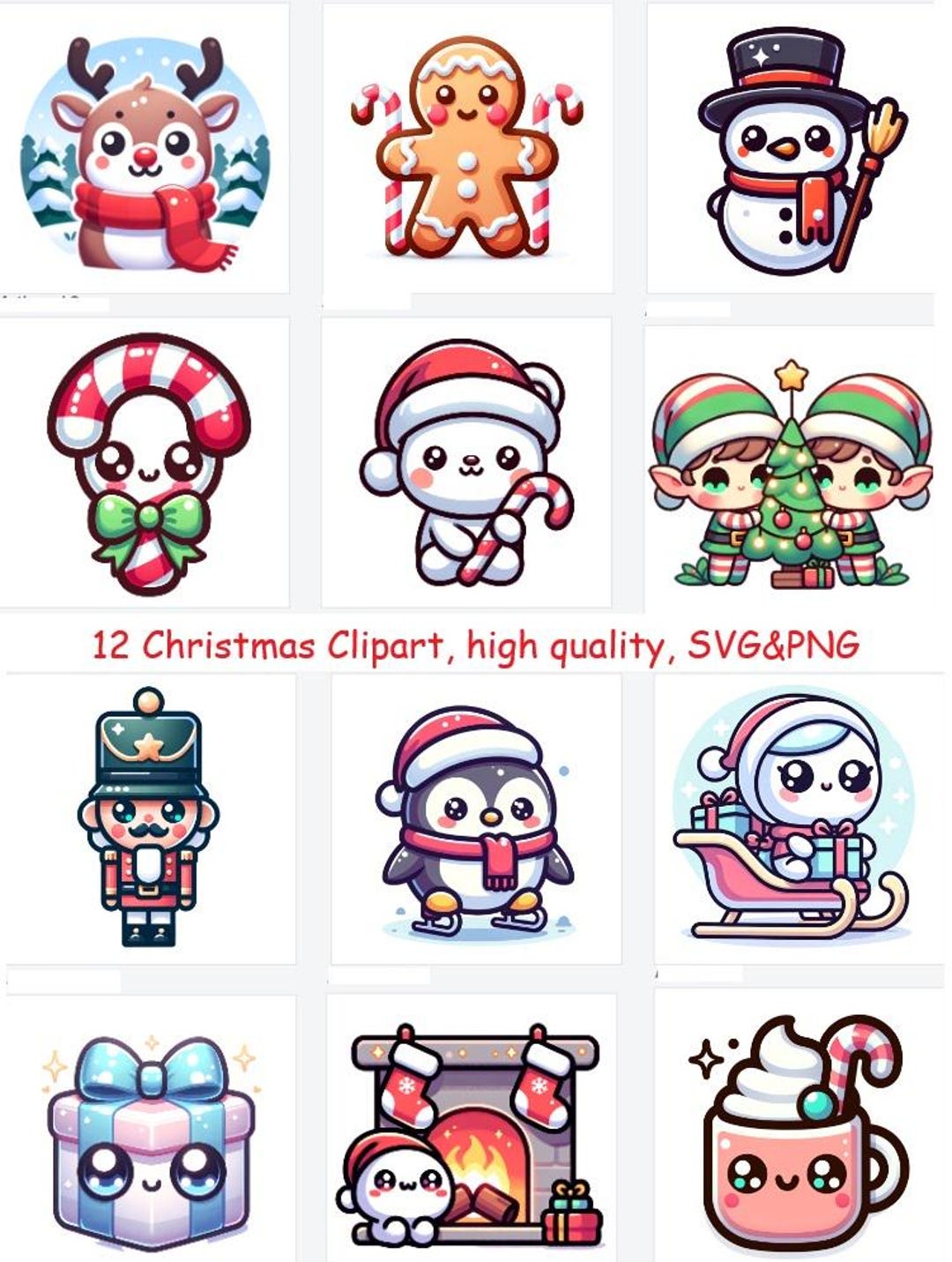Kawaii Christmas Clipart Bundle, Cute Christmas Clipart Bundle, Holiday ...