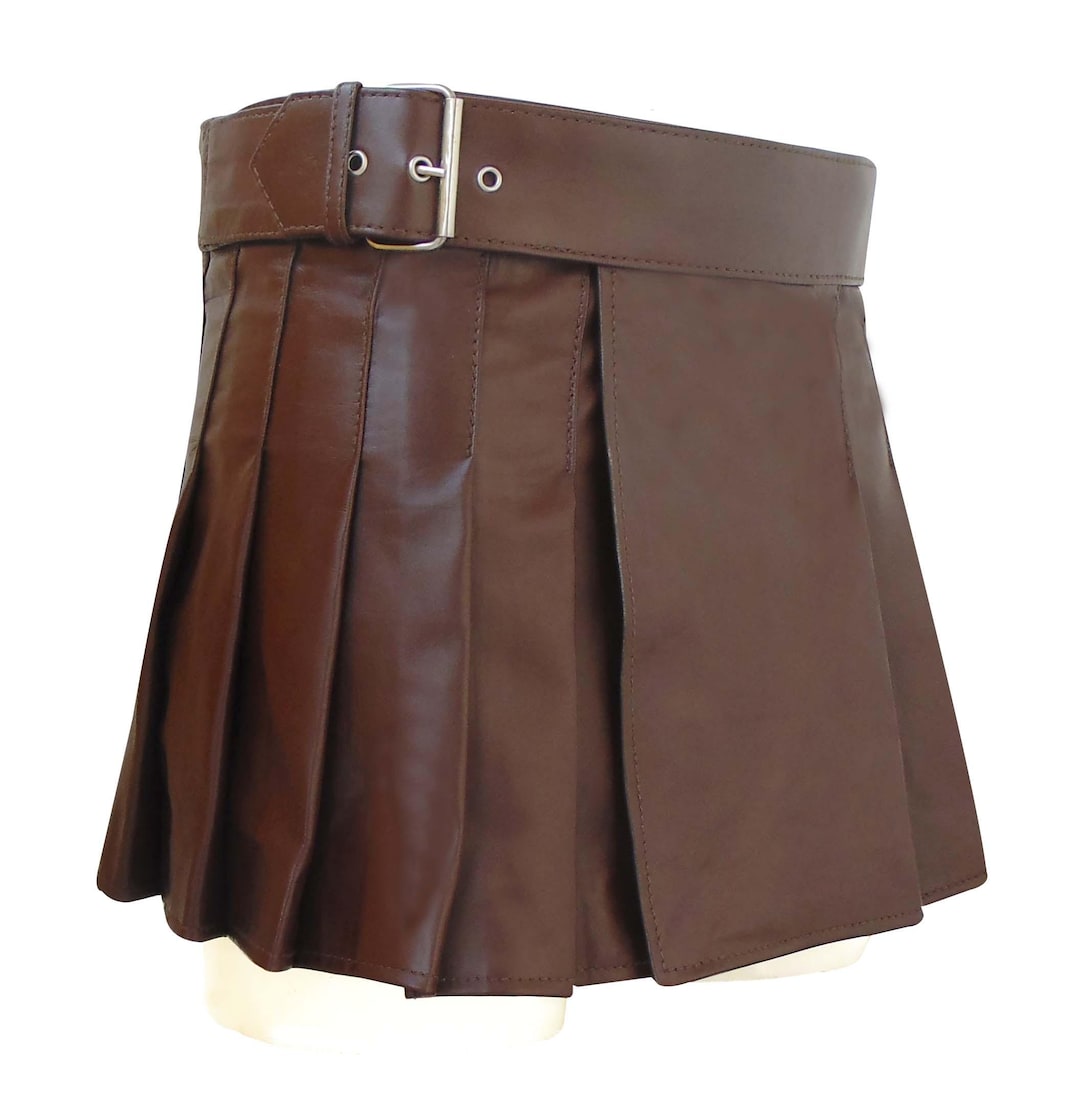 Men's Short Ultra MINI Leather Kilt With Buckle - in Brown BKLN002 ...