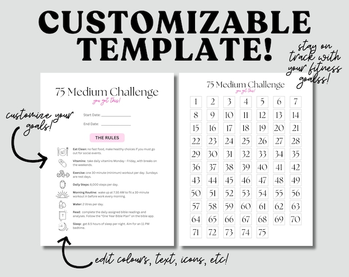 75 MEDIUM TRACKER - Aesthetic Template for 2025 Goals! Editable Canva ...