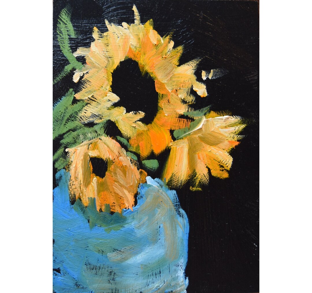 Little Sunnies, Sunflower Oil Painting on a 5 X 7 Cradled Wooden Board ...