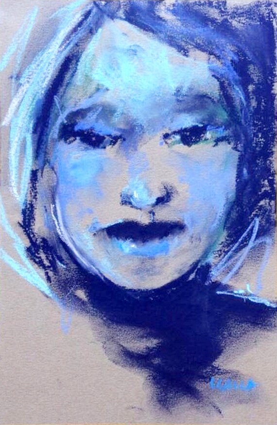 Pastel Portrait in Blue With Turquoise Highlights Woman's - Etsy