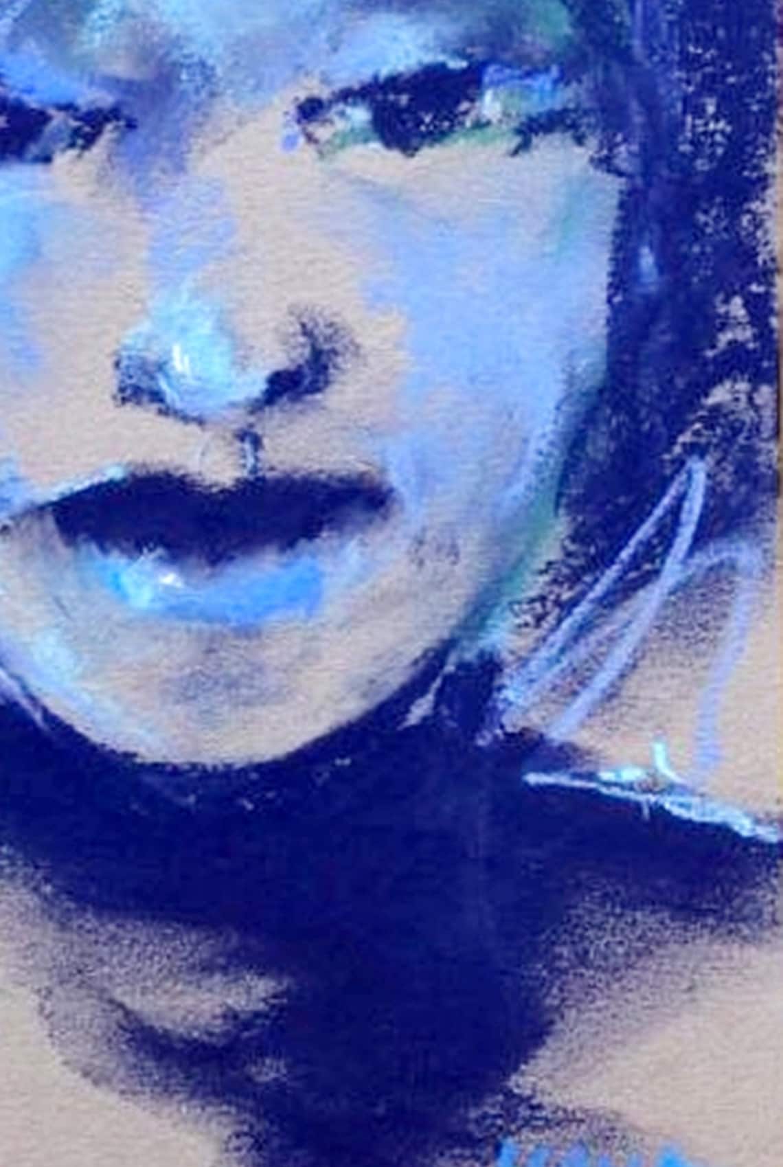 Pastel Portrait in Blue With Turquoise Highlights Woman's | Etsy