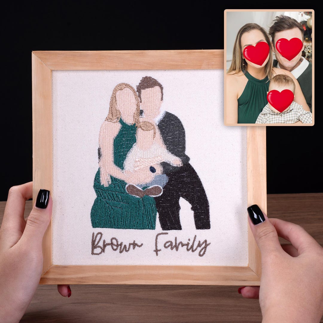 Custom Embroidered Family Portrait, Personalized Wooden Frame Art - Etsy