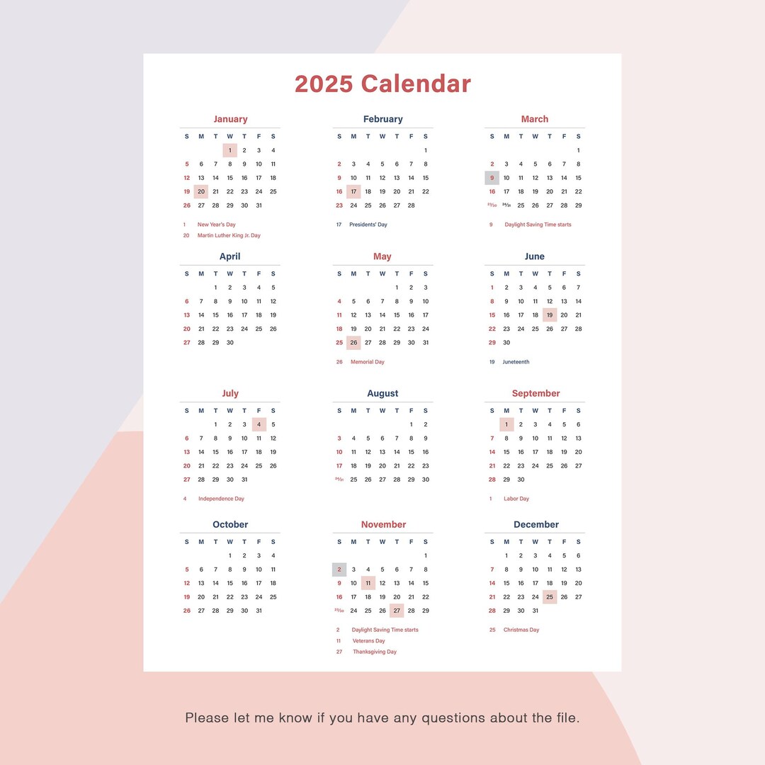 2025 Calendar, 12 Month, Single Page, Letter Size PDF, Printable, With ...