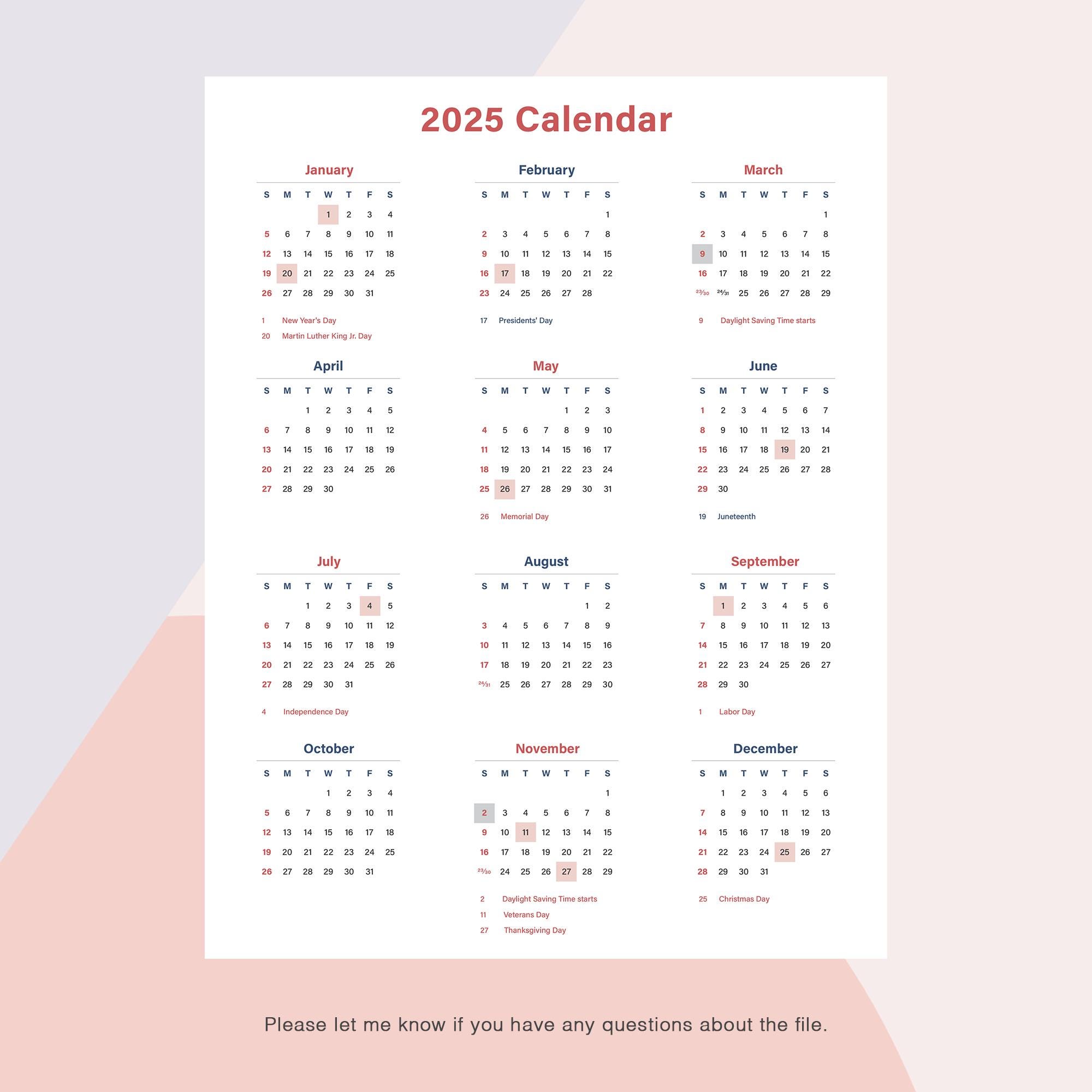 2025 Calendar, 12 Month, Single Page, Letter Size PDF, Printable, With ...