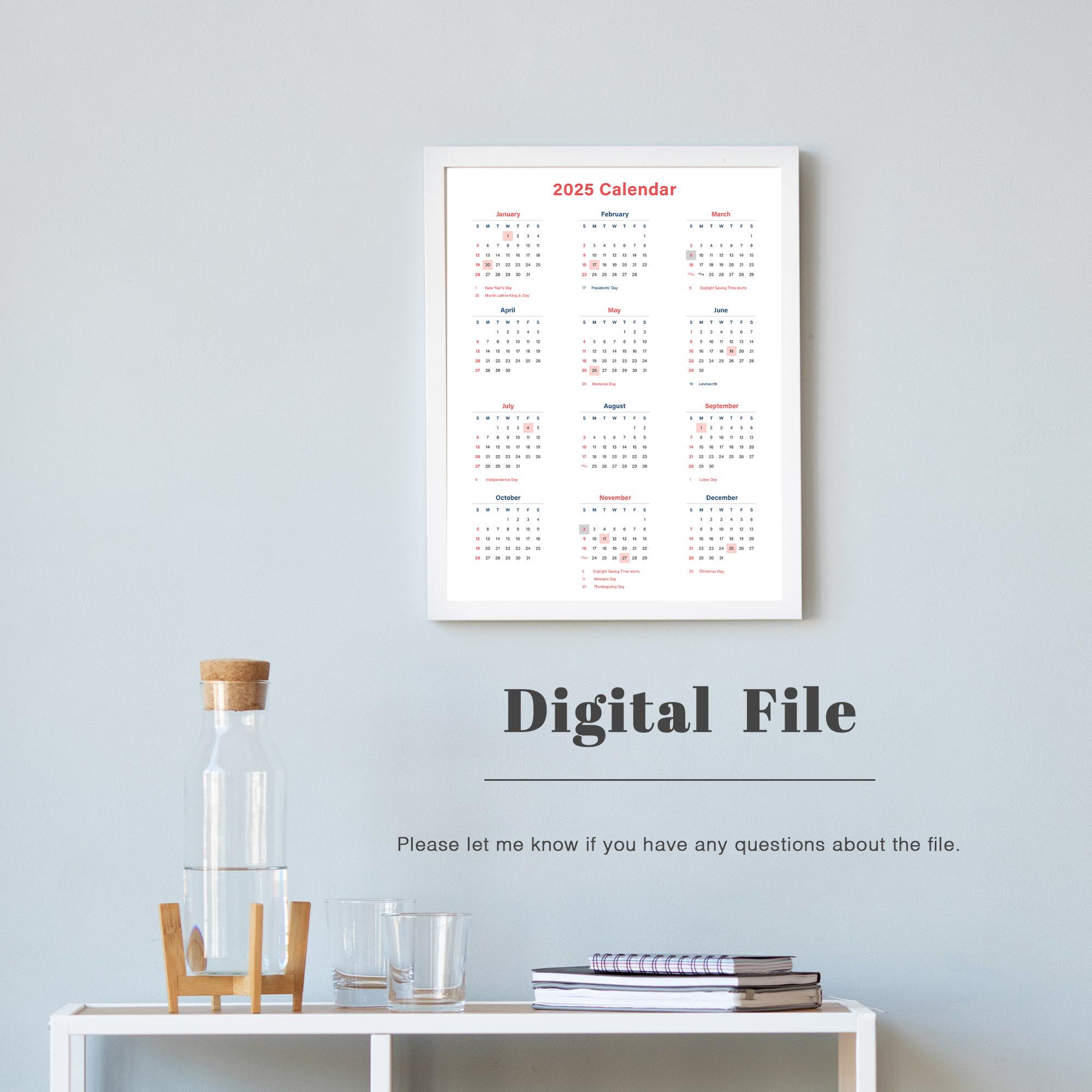 2025 Calendar, 12 Month, Single Page, Letter Size PDF, Printable, With ...