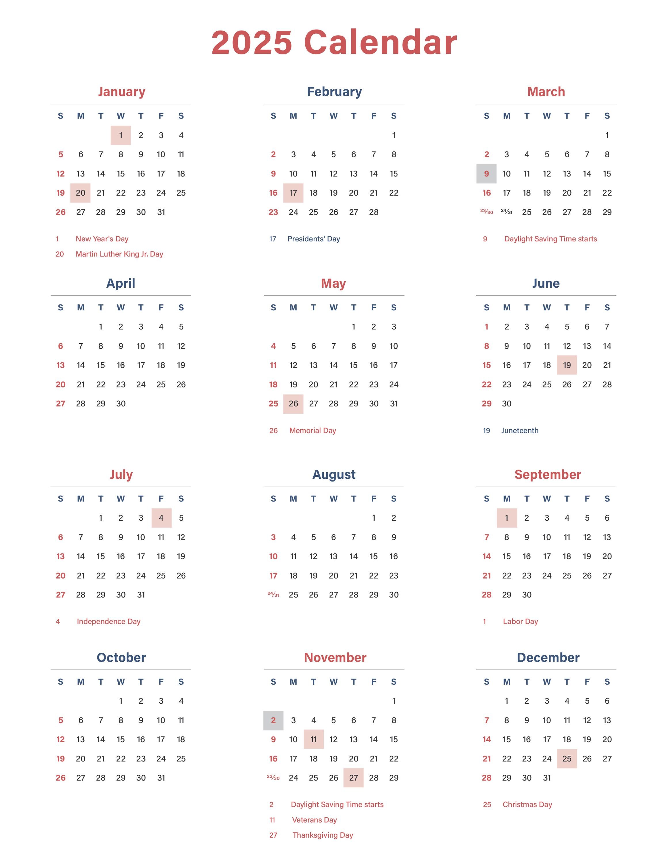 2025 Calendar, 12 Month, Single Page, Letter Size PDF, Printable, With ...