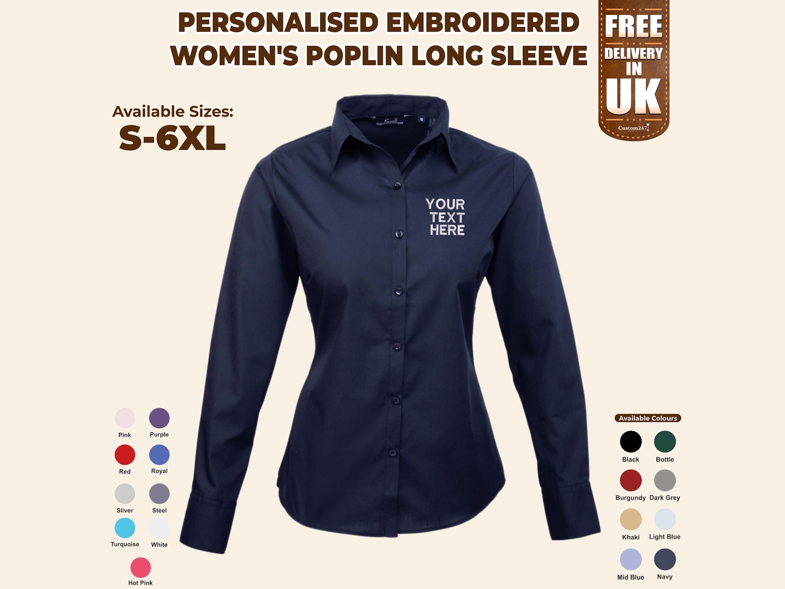 Custom Embroidered Long Sleeve Blouse, Personalised Text/logo Work ...