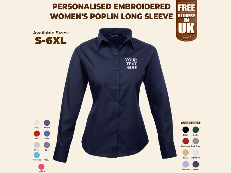 Custom Embroidered Long Sleeve Blouse, Personalised Text/logo Work ...