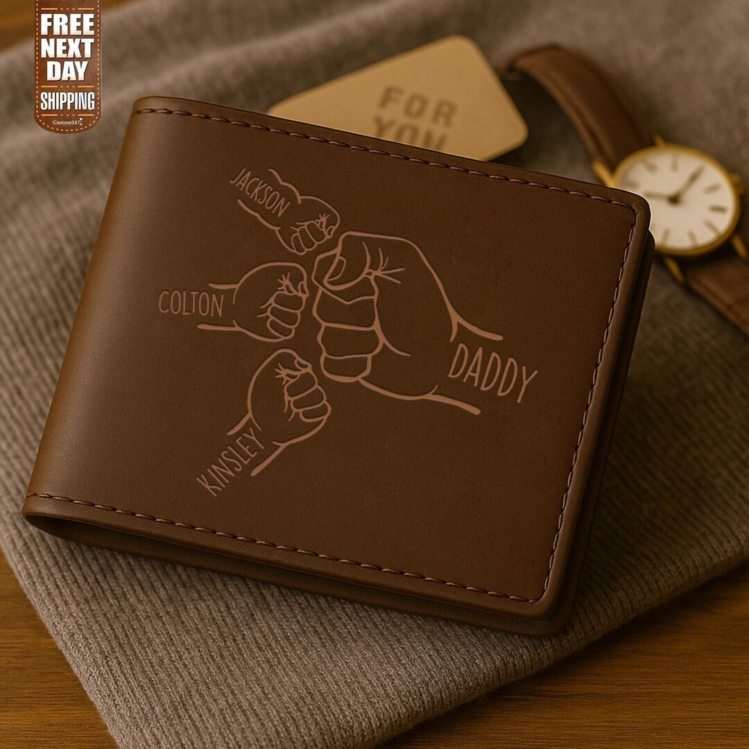 Custom Dad Fist Bump Leather Wallet, Engraved Kids Name Wallet for Dad ...
