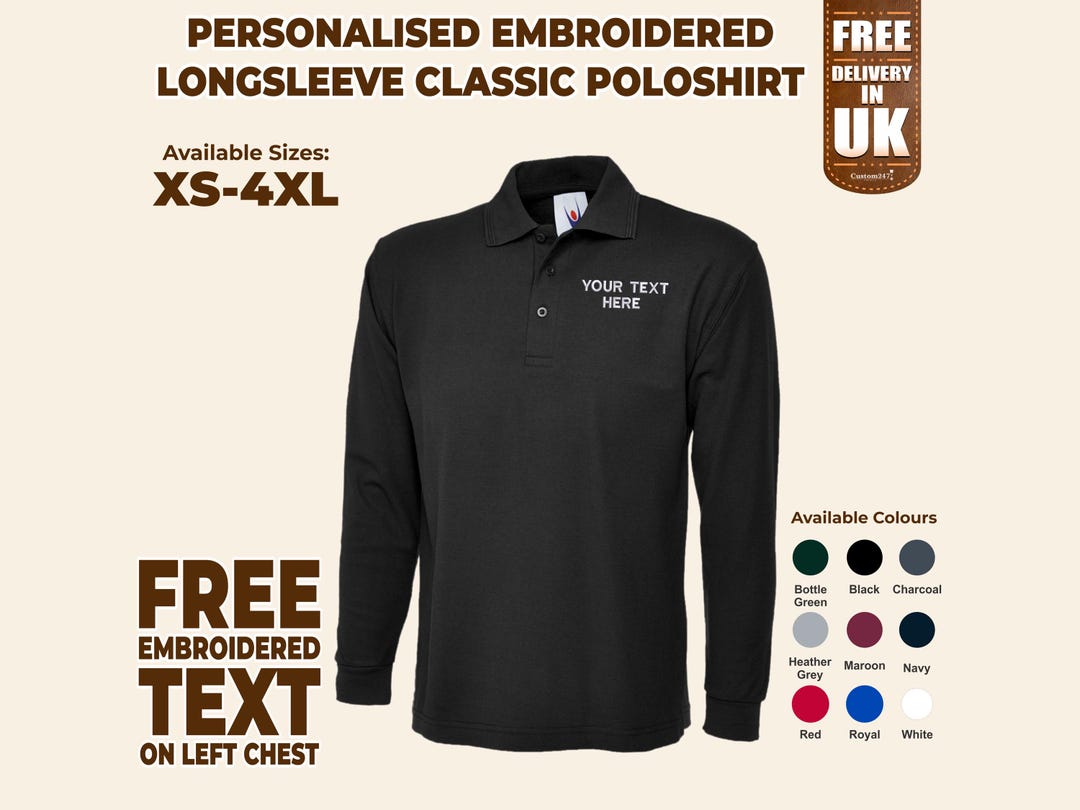 Custom Text/logo Long Sleeve Polo Shirt, Personalised Embroidered ...