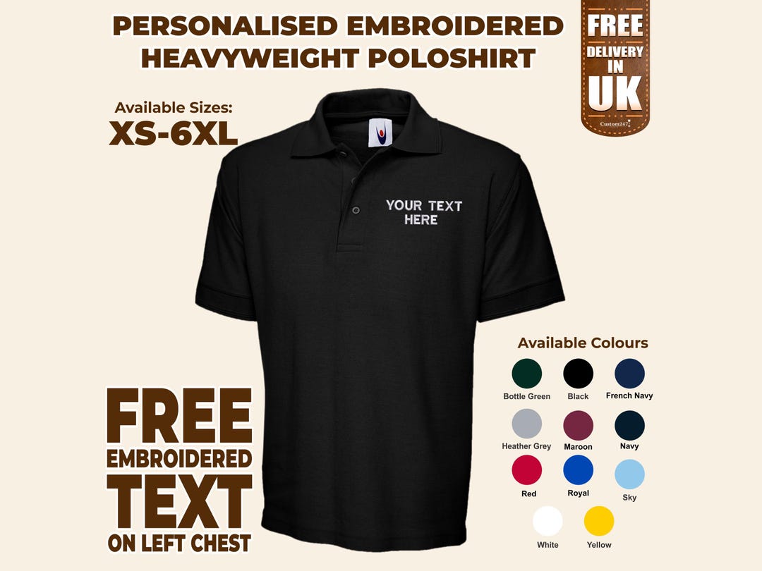 Personalised Text or Logo Polo Shirt, Custom Embroidered Workwear Polos ...