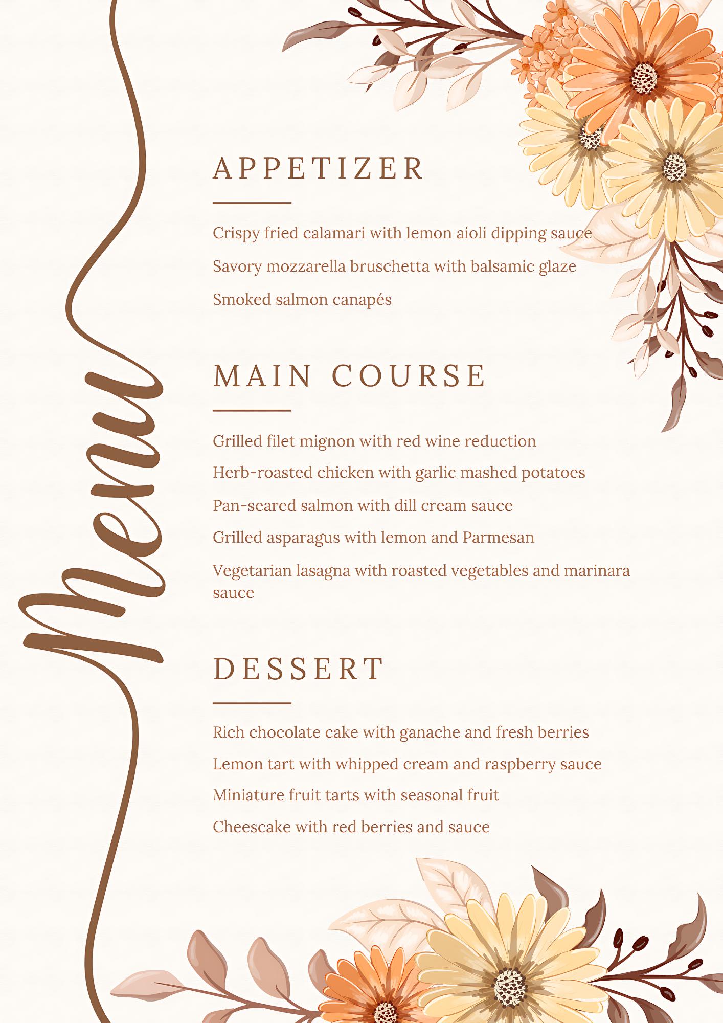 Simple Floral Wedding Menu Card Elegant Printable Template Design for ...