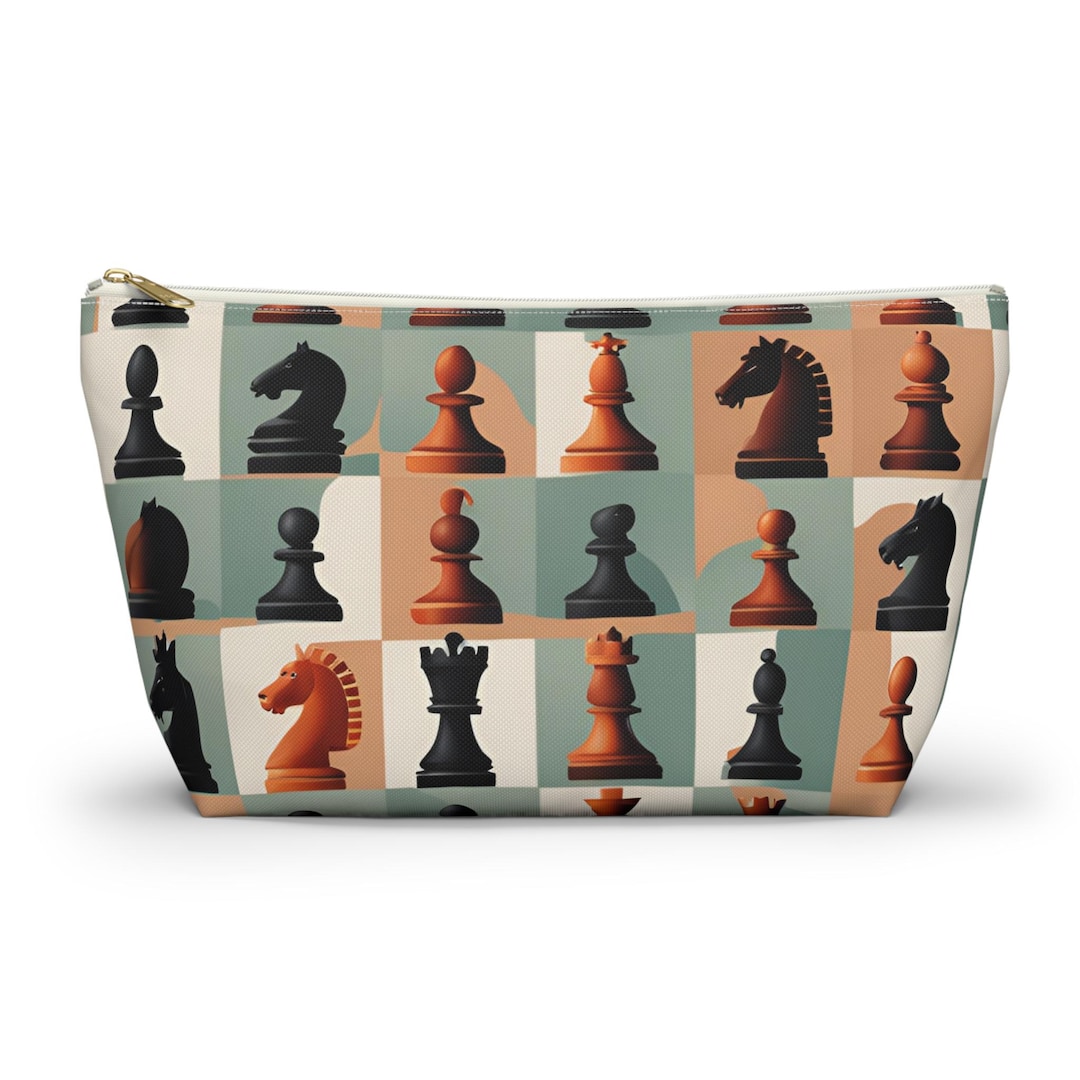 Chess Piece Print Pouch Artistic Canvas Zipper Bag With Chessboard ...
