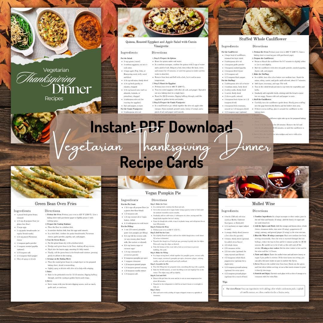 Vegetarian Thanksgiving Dinner Cooking Recipe Printable Cards Kitchen ...