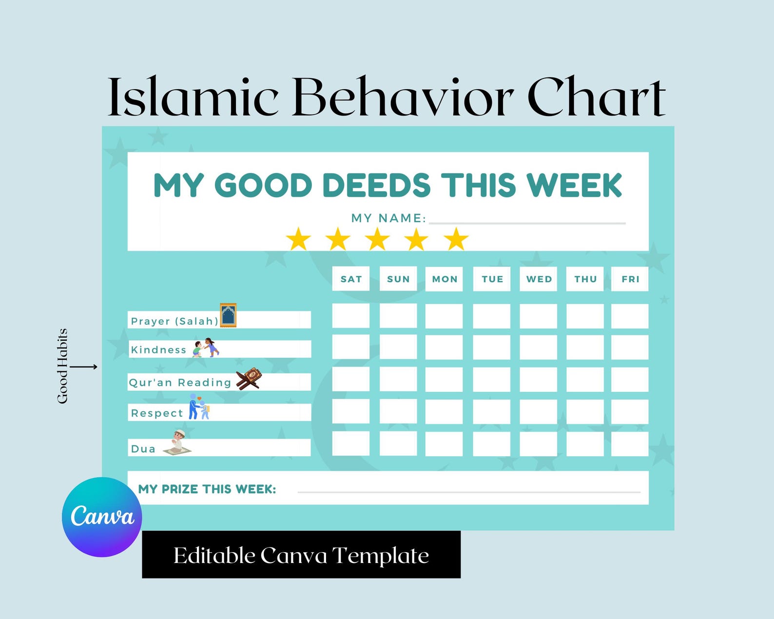Editable Islamic Behavior Chart for Kids, Good Deeds Reward Chart ...