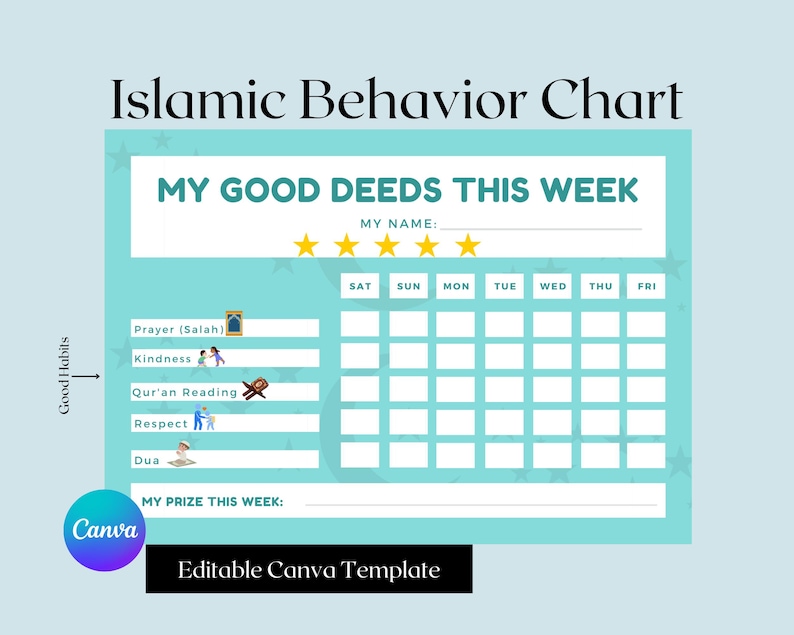 Editable Islamic Behavior Chart for Kids, Good Deeds Reward Chart ...