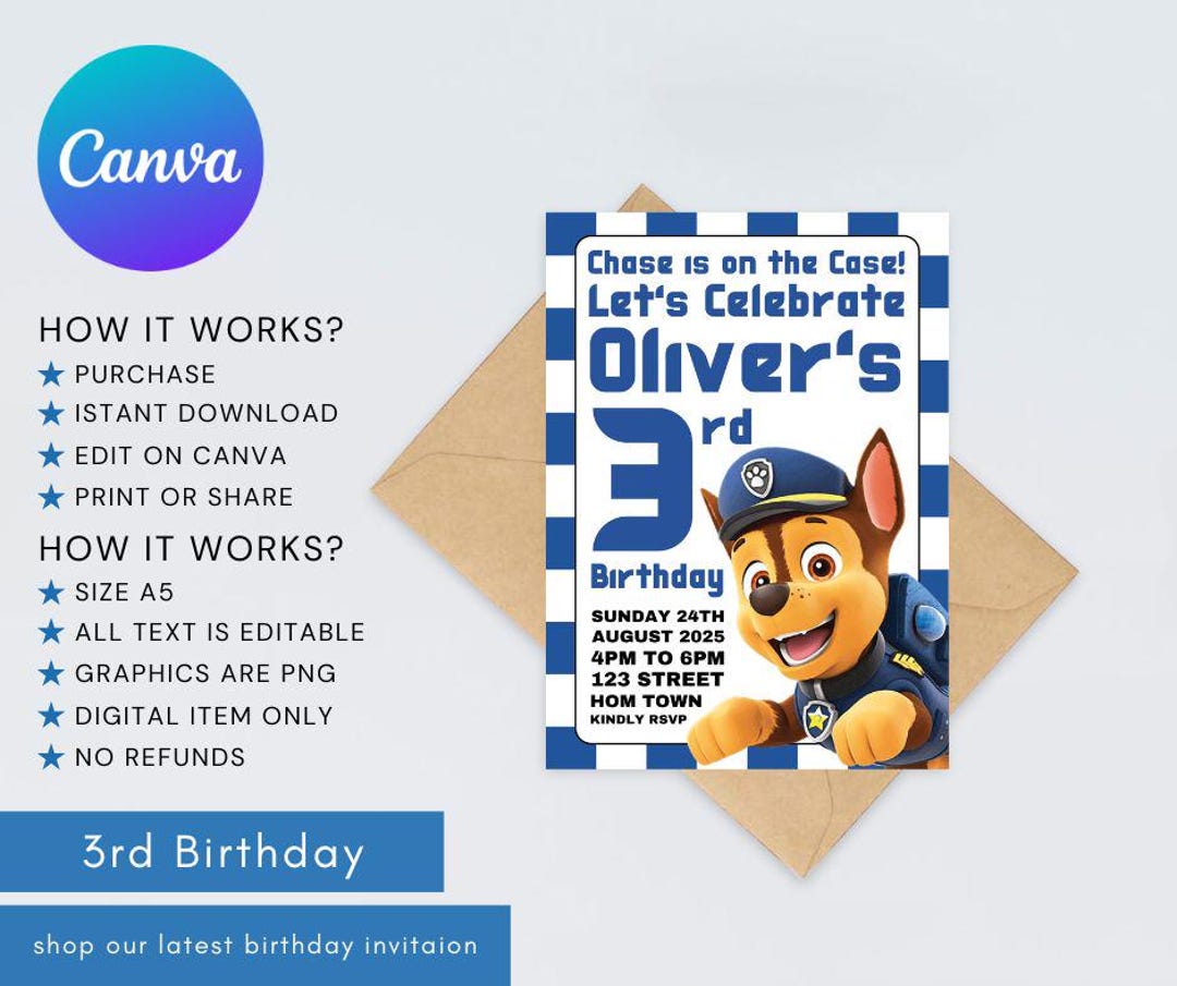 Chase Birthday Invitation, Editable Puppy Patrol Invite, Digital Party ...