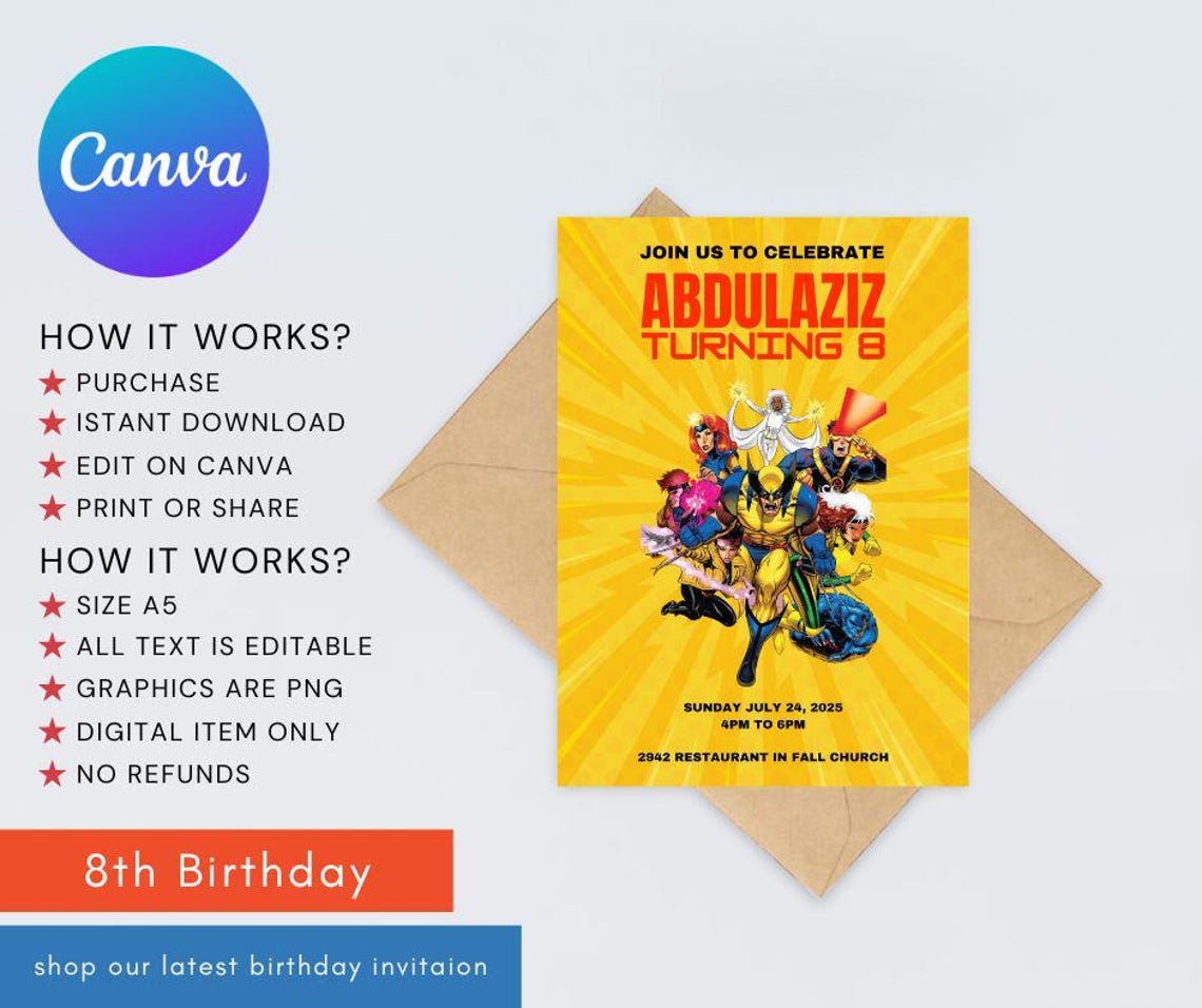 Wolverine Birthday Card, Editable X-men Invitation (digital Download ...