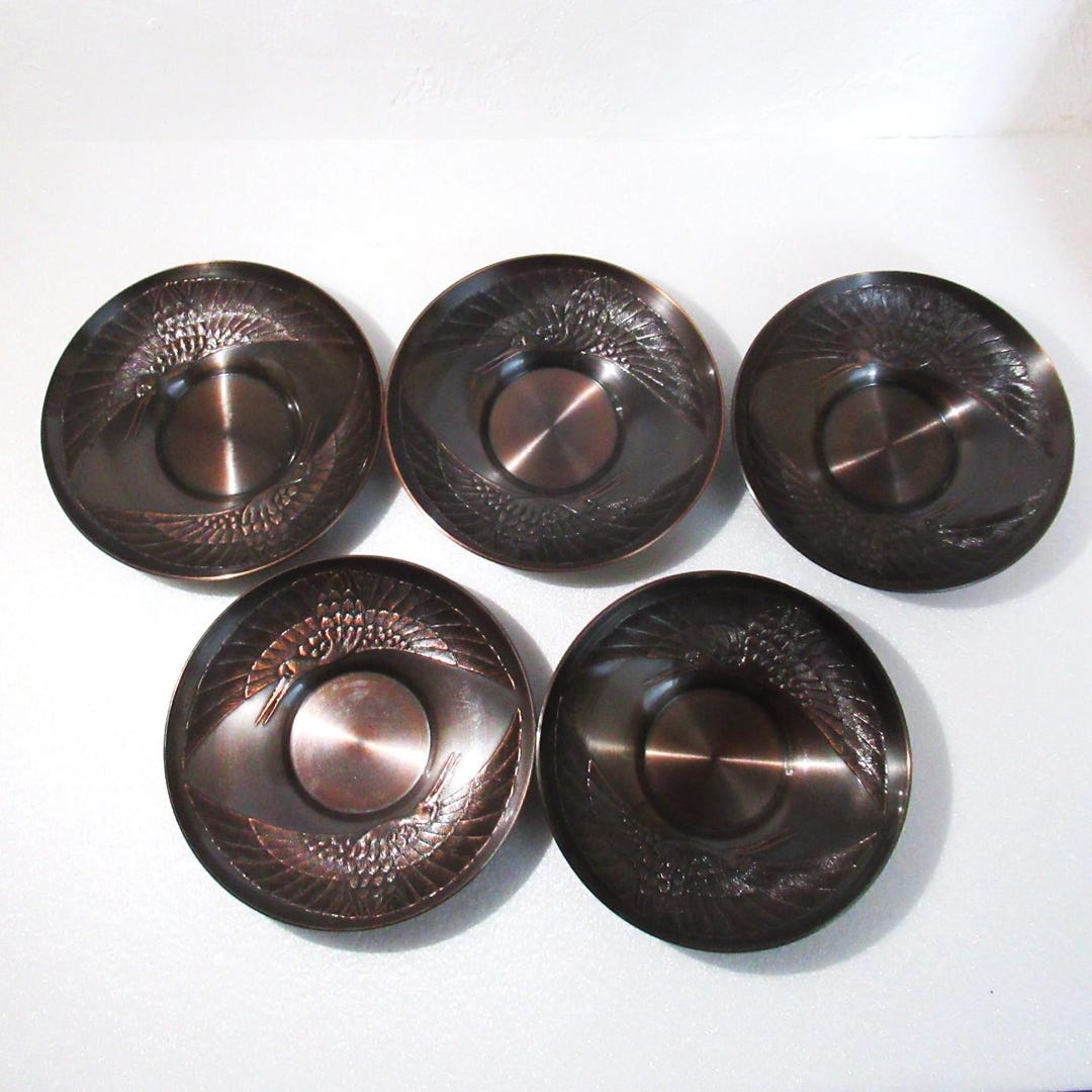 Takaoka Copper Crafts, Set of 5 double Crane Pattern Chataku Sencha ...