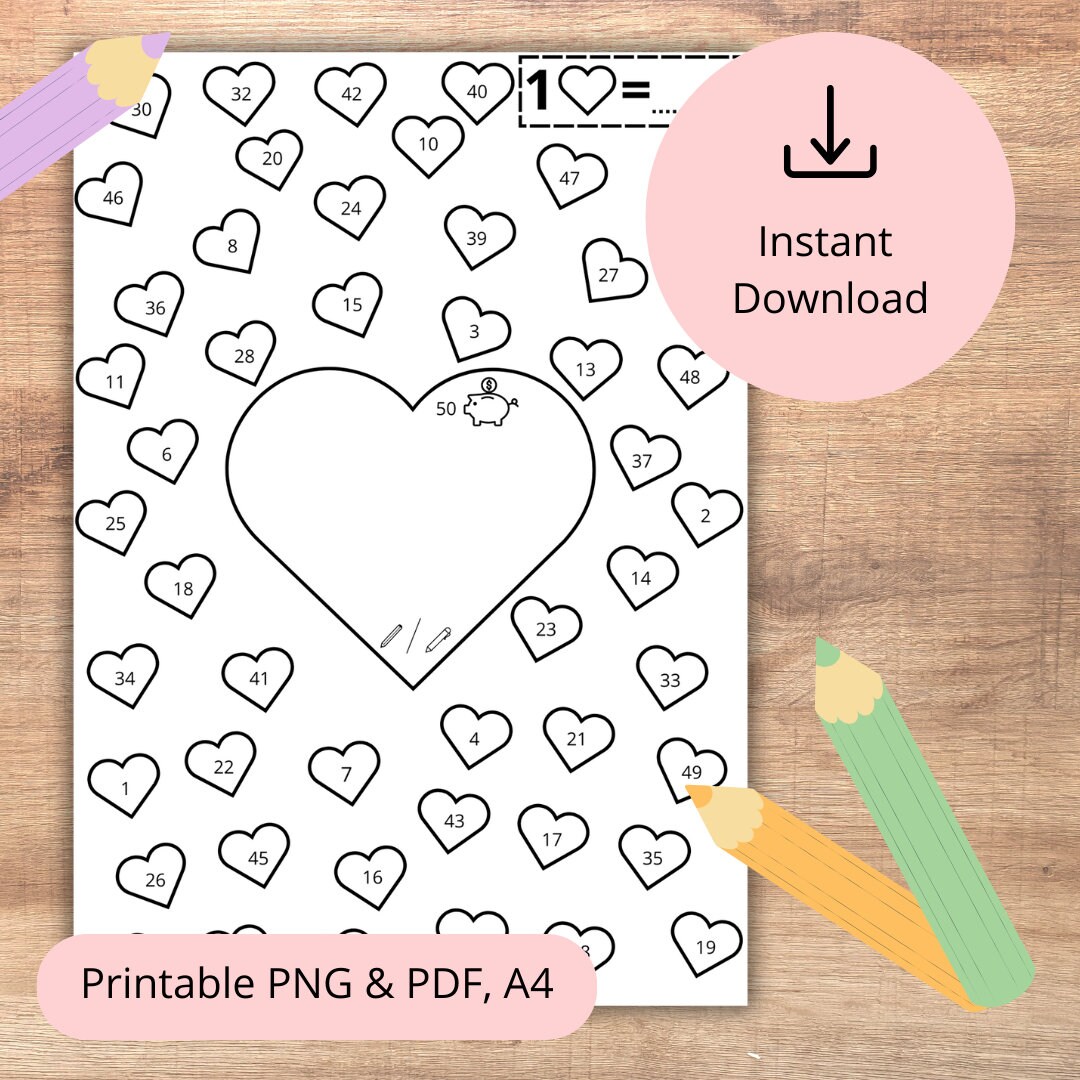 Coloring Page / Savings Challenge Hearts save, Savings, Child, All Ages ...
