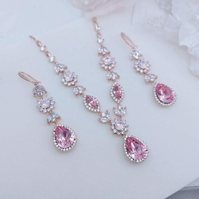 Pink Bridal Jewelry Set, Swarovski Light Rose Necklace and Earrings Set ...
